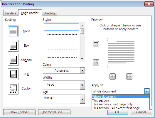 Using Borders in Word 2003 and earlier